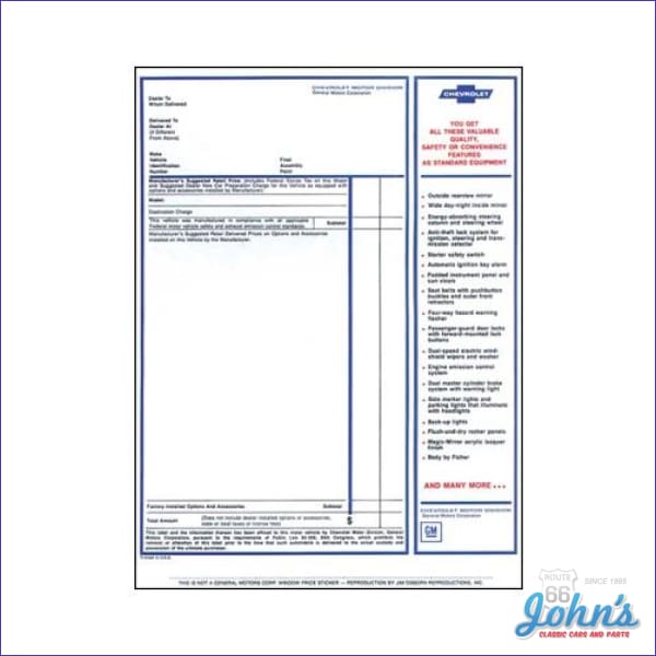 New Car Retail Window Price Sticker for Camaro Chevelle El Camino ...