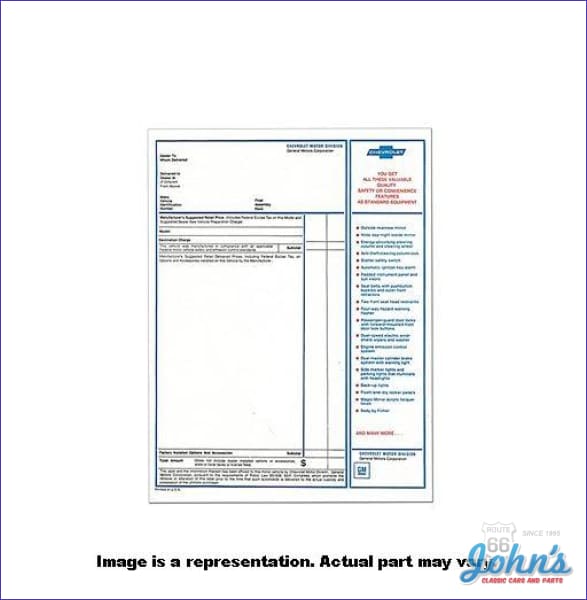 New Car Retail Window Price Sticker. for Camaro Chevelle El Camino ...