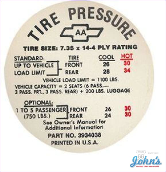 Tire Pressure Decal- 735 x 14 Regular for Chevelle El Camino – John's ...
