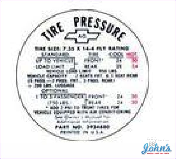 Tire Pressure Decal- Heavy Duty Suspension for Camaro – John's Classic ...