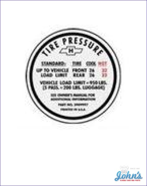 Tire Pressure Decal- SS350/SS396, Before 11-16-66. for Camaro – John's ...