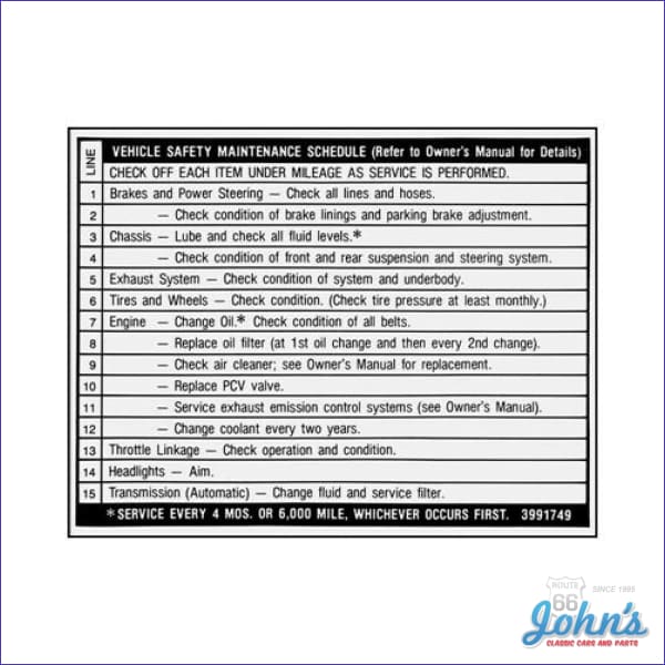 Vehicle Safety Maintenance Decal. for Camaro – John's Classic Cars and ...